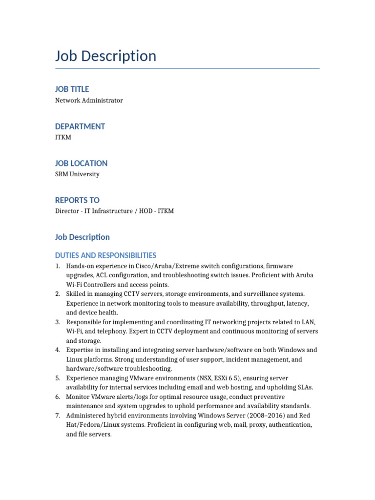 Network Administrator Job Description | PDF | Computer Network | System ...