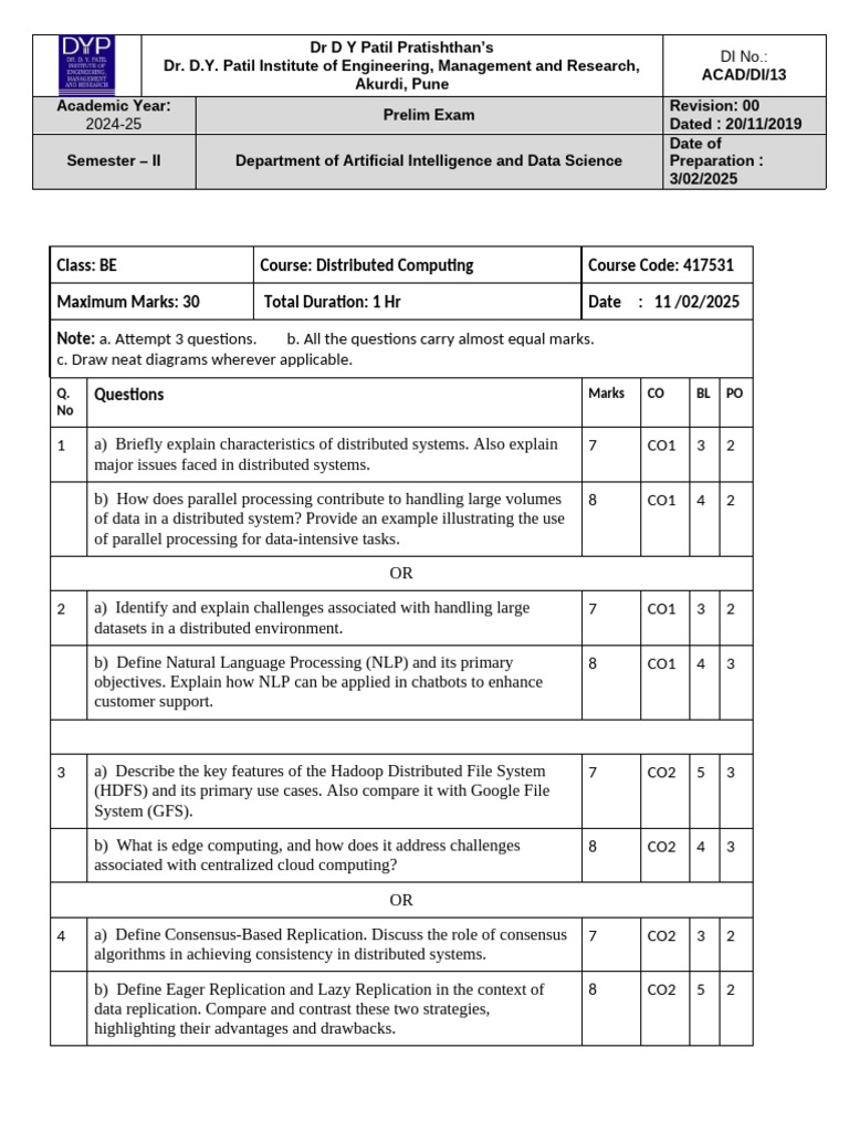 Distributed Computing UT1 QuestionPaper_2024-25 | PDF | Information Technology | Computing