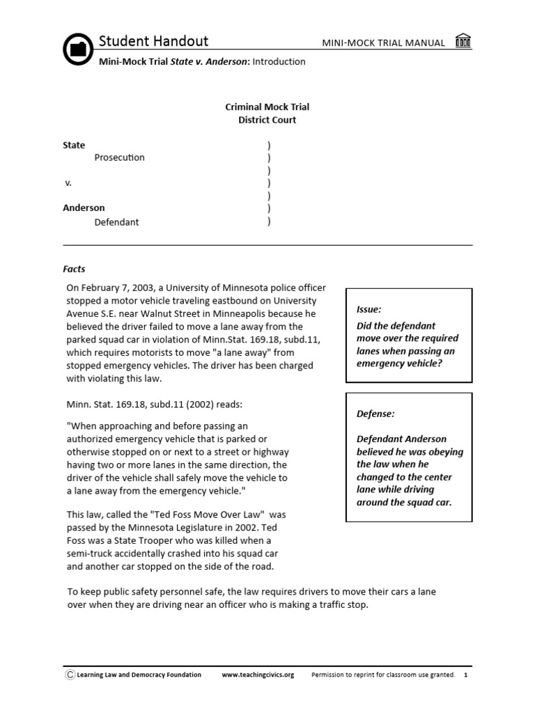 Mini Mock Trial State v. Anderson 2016 | PDF | Traffic | Police Car