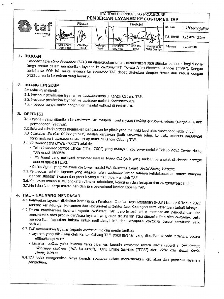 SOP Pemberian Layanan Ke Pelanggan TAF (2022) | PDF