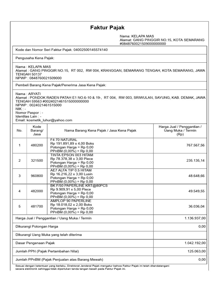 Faktur Pajak Pembelian Aryati | PDF