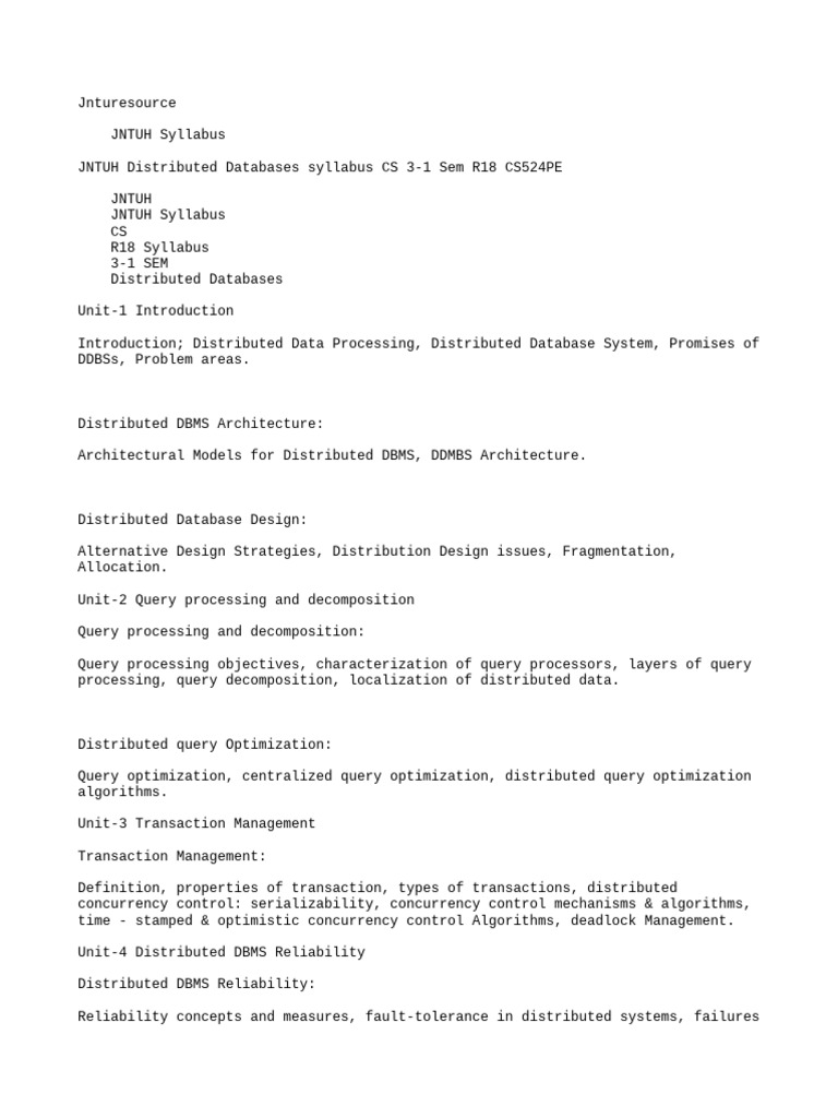 JNTUH Distributed Databases Syllabus | PDF | Databases | Database ...