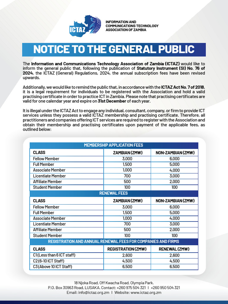 ICTAZ Membership and Fee Updates | PDF
