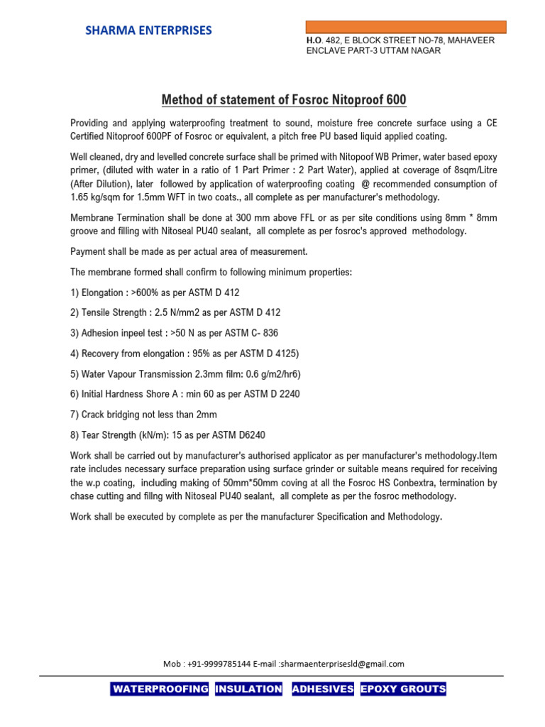 Fosroc Nitoproof 600 Waterproofing Guide | PDF
