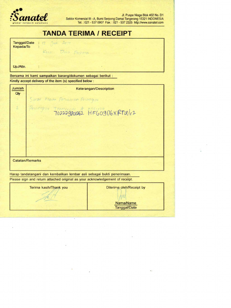 Tanda Terima Sanatel | PDF