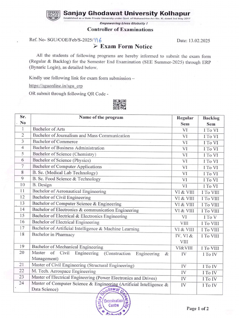 Exam Form Notice - Bynaric - ERP | PDF