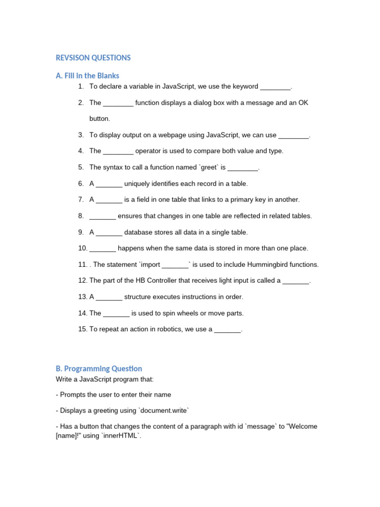 Revision Worksheet Javascript Database Robotics | PDF | Java Script | Programming Paradigms