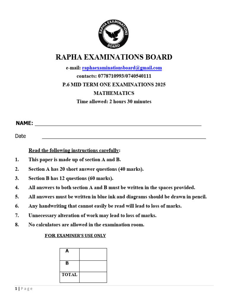 Rapha Examination Board p.6 Mathematics Mid Term 1 Examinations 2025 | PDF | Mathematics ...