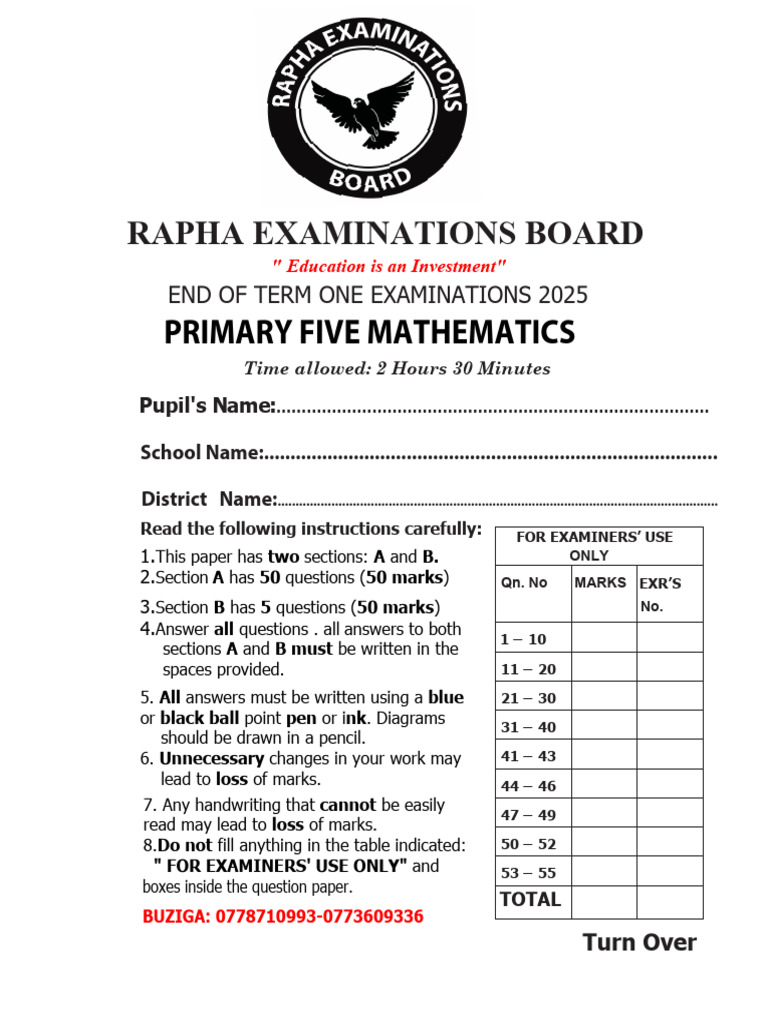 Rapha Examination Board Eot I p.5 Mathmathics Eot Examinations 2025 | PDF | Area | Mathematics
