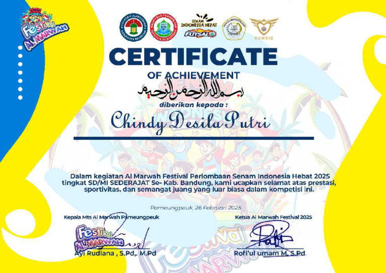 Sertifikat Senam Indonesia Hebat Al Marwah (Chindy) | PDF