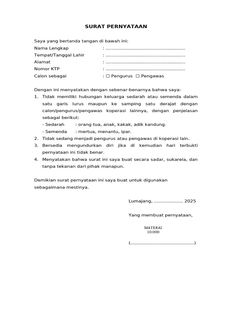 Surat Pernyataan Pengurus Atau Pengawas TDK Semenda | PDF