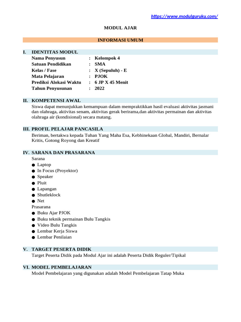 Modul Ajar PJOK Kelas 10 Fase E Unit 5 - Modulguruku - Com - (1) . | PDF