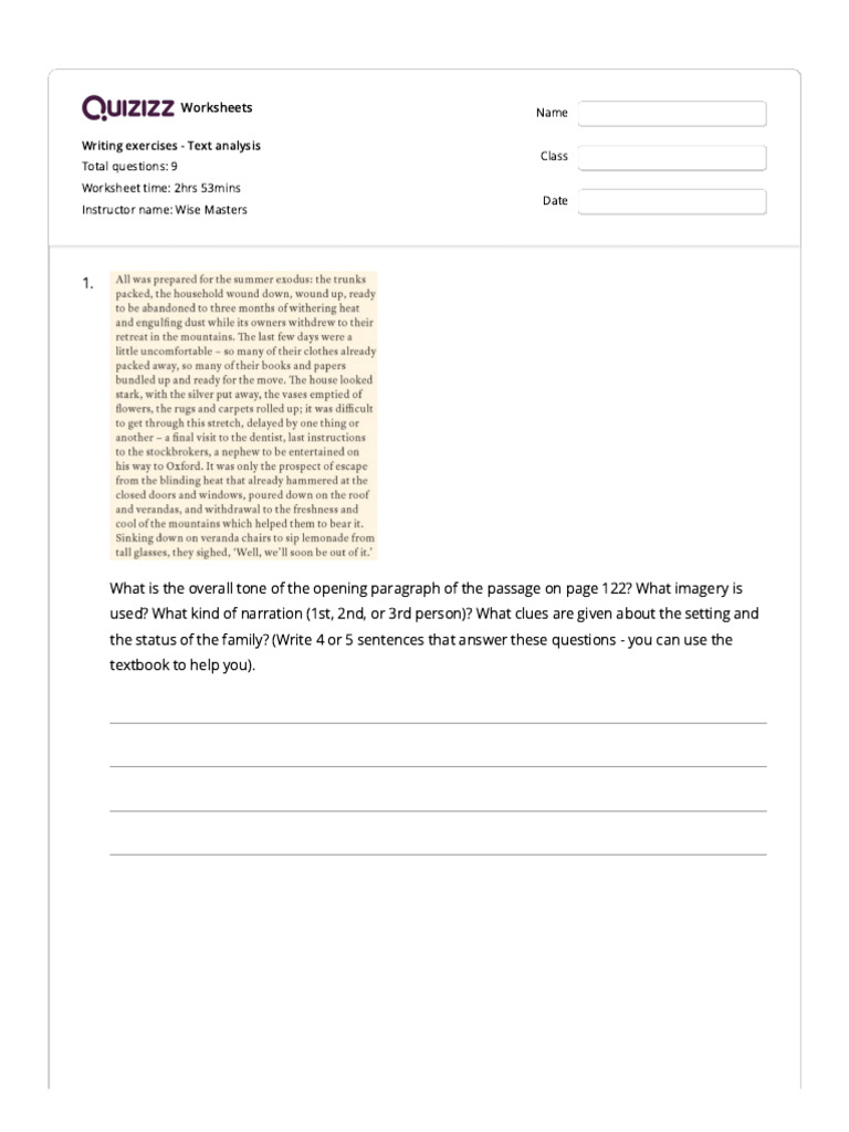 Quizizz - Writing Exercises - Text Analysis | PDF