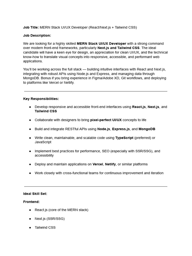 Job Description - MERN Stack UI - UX Developer (React - Next | PDF