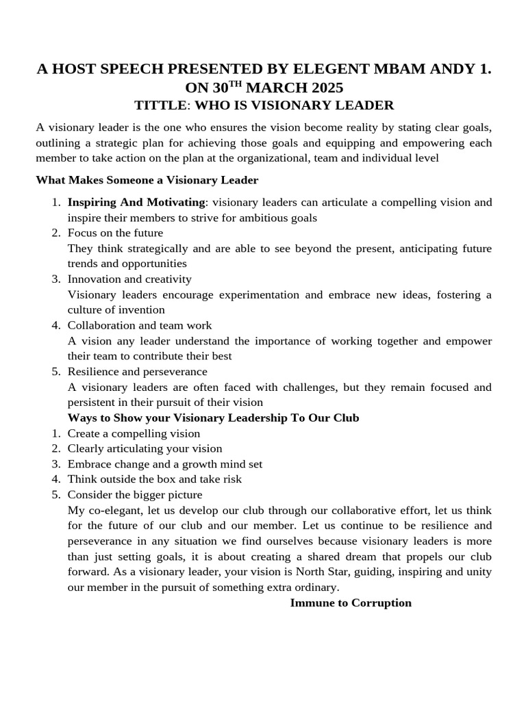 A Host Speech Presented by Elegent Mbam Andy 1 | PDF