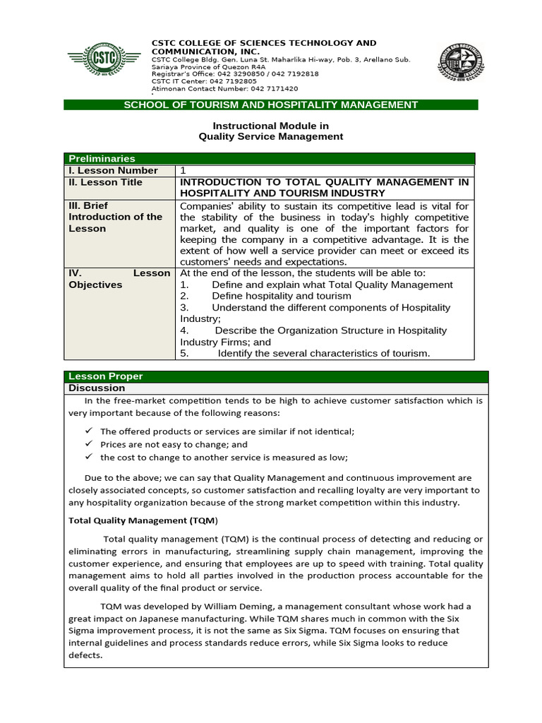 Total Quality Management in Hospitality | PDF | Tourism | Quality ...