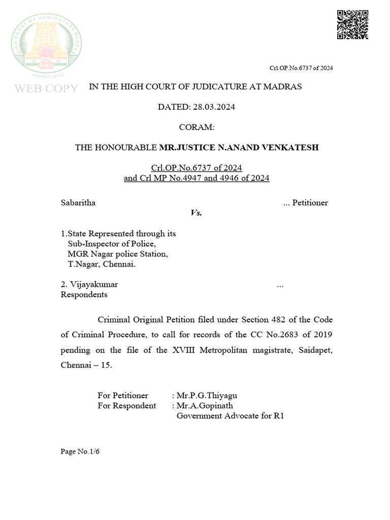 Sabaritha Vs The State MAD 2024 | PDF | Magistrate | Government ...