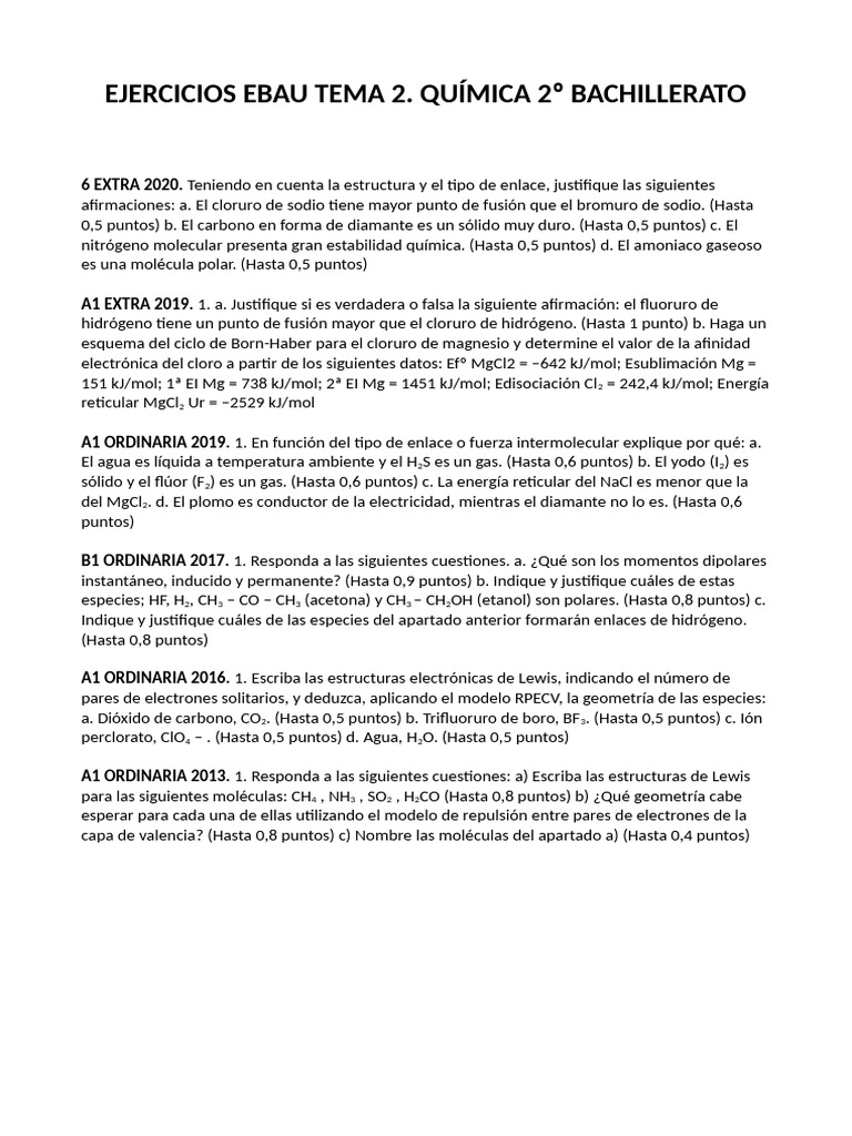 Ejercicios Ebau Tema 2 | PDF | Enlace químico | Química