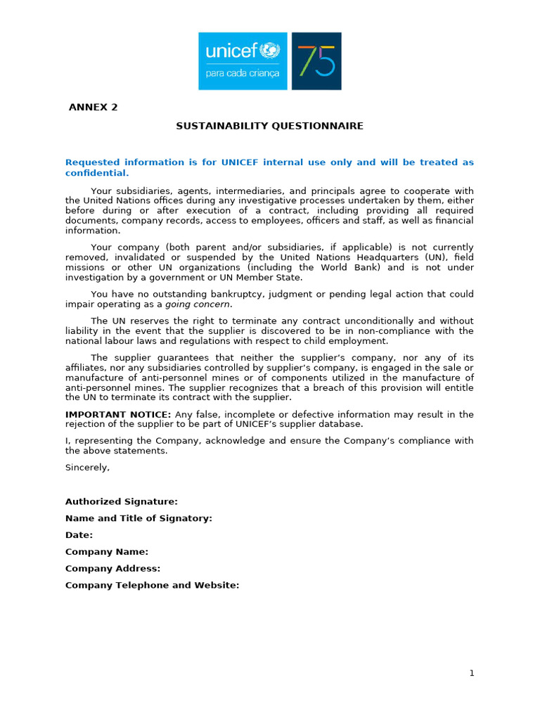 SUSTAINABILITY QUESTIONNAIRE | PDF | Procurement | Supply Chain