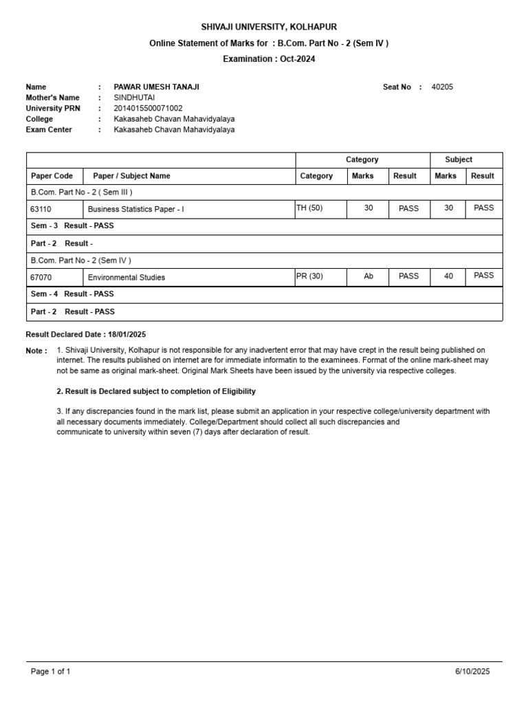 Shivaji University, Kolhapur Examination: Oct-2024 | PDF