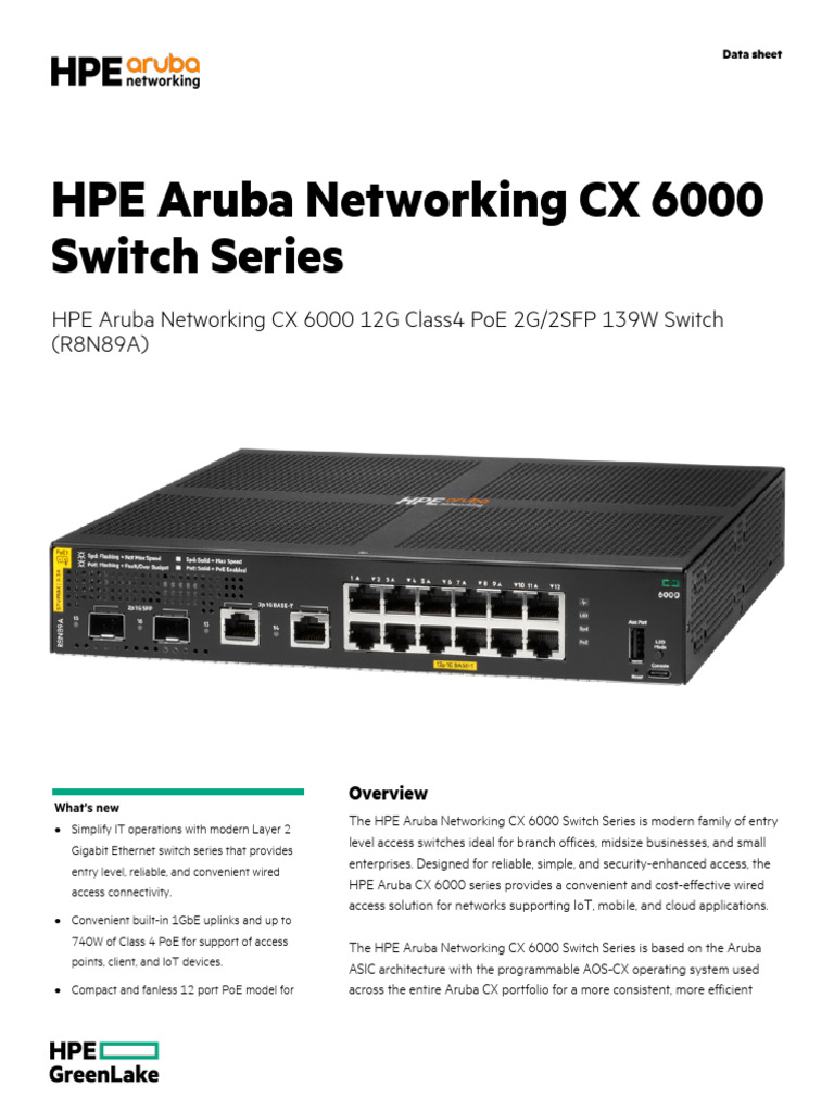 Hpe Aruba Networking CX 6000 12g Class4 Poe 2g2sfp 139w Switch ...