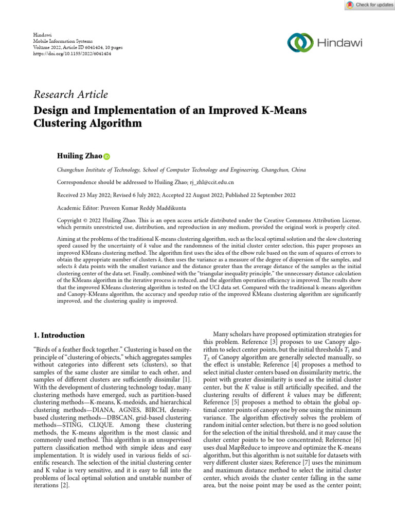Mobile Information Systems - 2022 - Zhao - Design and Implementation of An Improved K Means ...