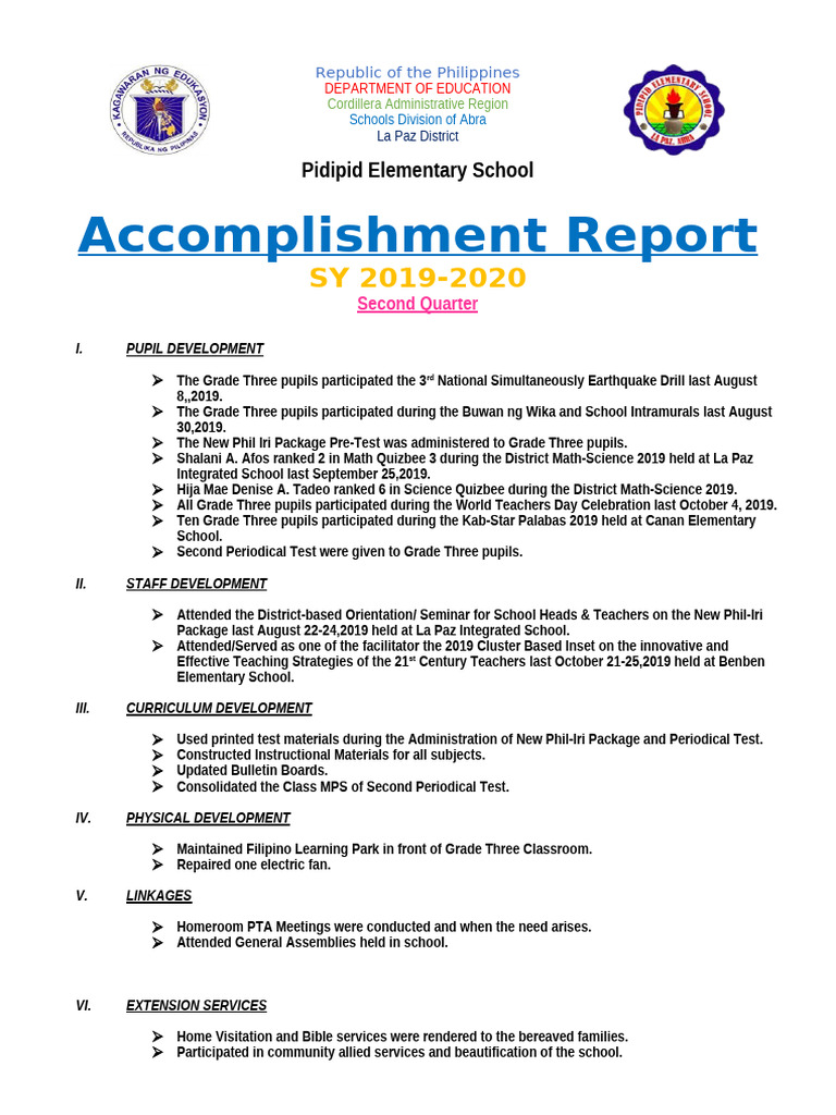 Accomplishment Report Second Quarter 2019-2020 | PDF | Pedagogy ...