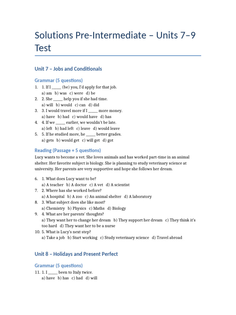 Units 7 8 9 Test Solutions PreIntermediate | PDF