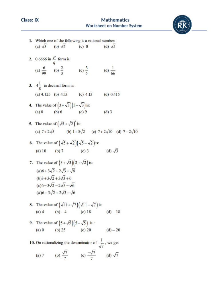 Class9 Maths Unit1 WS | PDF