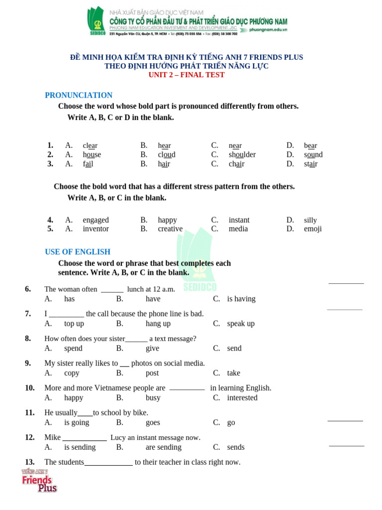 English 7 Friends Plus Test Guide | PDF