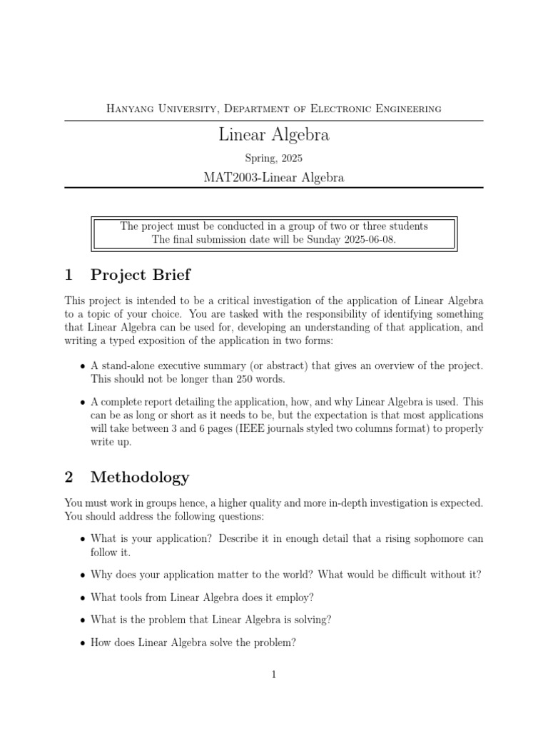 Linear_Algebra Project Spring 2025 | PDF | Matrix (Mathematics) | Algebra