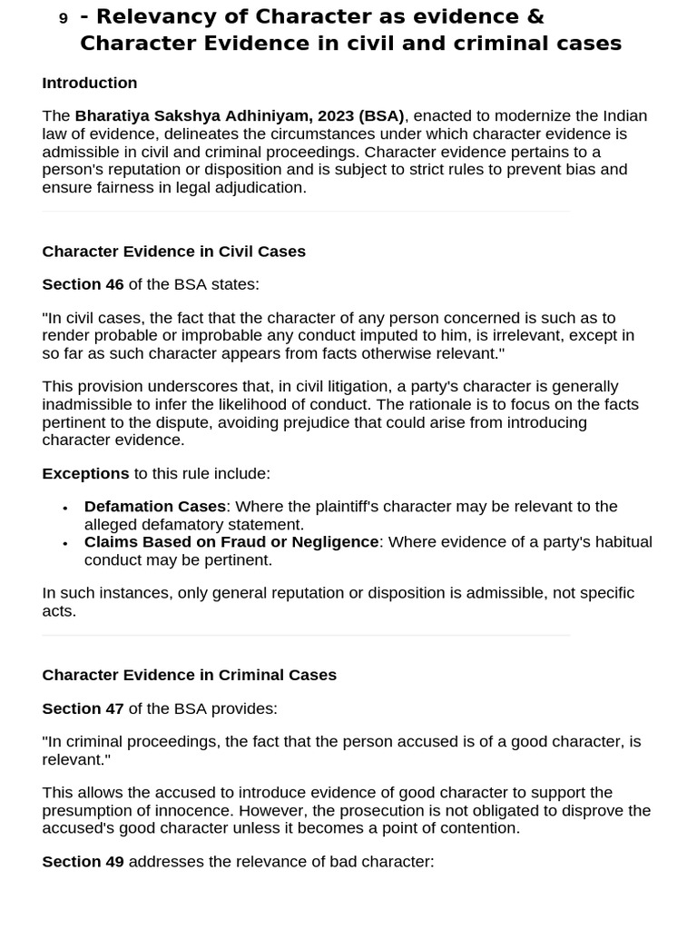 Character Evidence in BSA: Guidelines | PDF | Evidence | Defamation