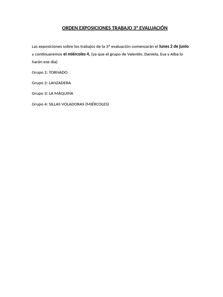 Orden Exposiciones Trabajos 3 Evaluación | PDF