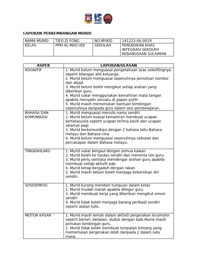 Laporan Perkembangan Murid PPKI | PDF