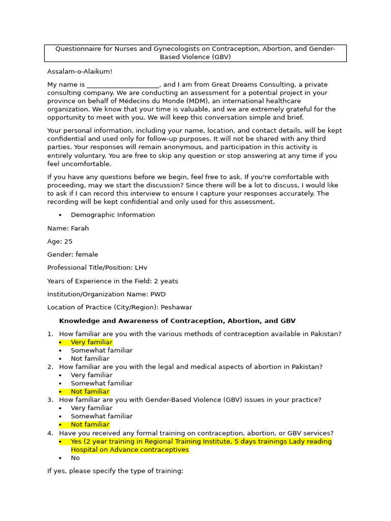 Questionnaire For Nurses and Gynecologists On Contraception | PDF ...