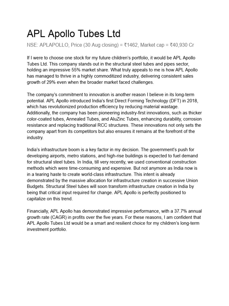 APL Apollo Tubes: Future Investment Potential | PDF