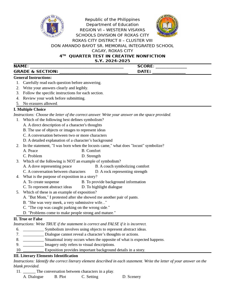 Creative Nonfic 4TH Quarter Test | PDF | Narrative | Genre