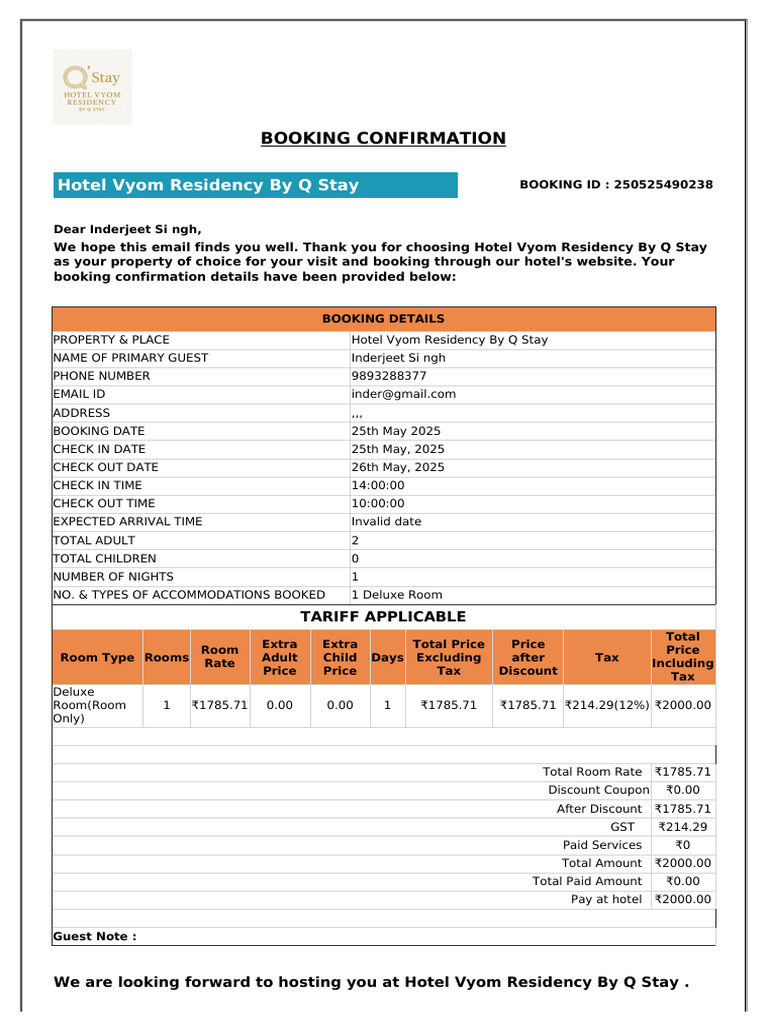 Booking Confirmation for Hotel Vyom | PDF | Identity Document | Payments