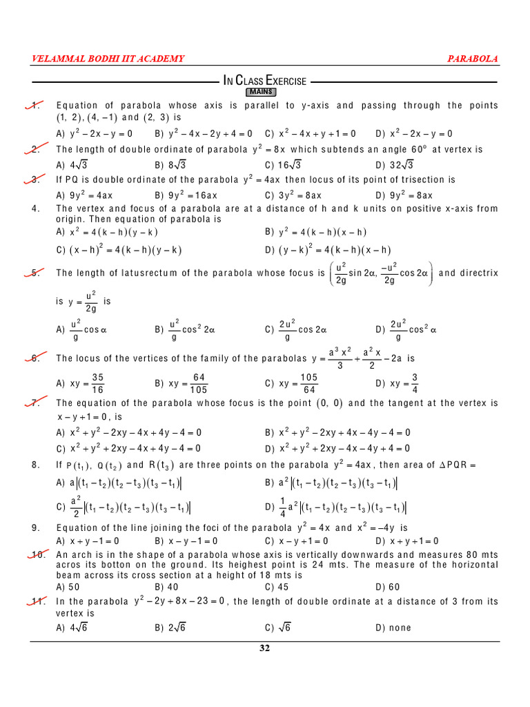 JEE Math Parabola Problems Answered | PDF