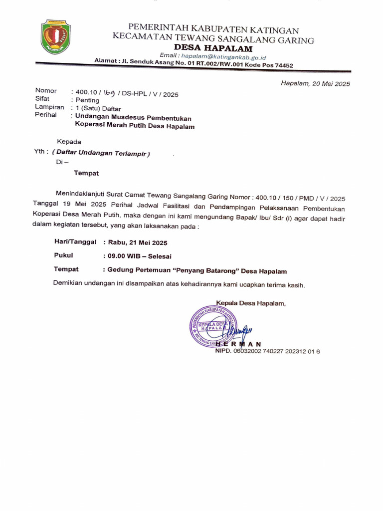 Surat Undangan Musdesus Pembentukan Kopdes Merah Putih Desa Hapalam ...