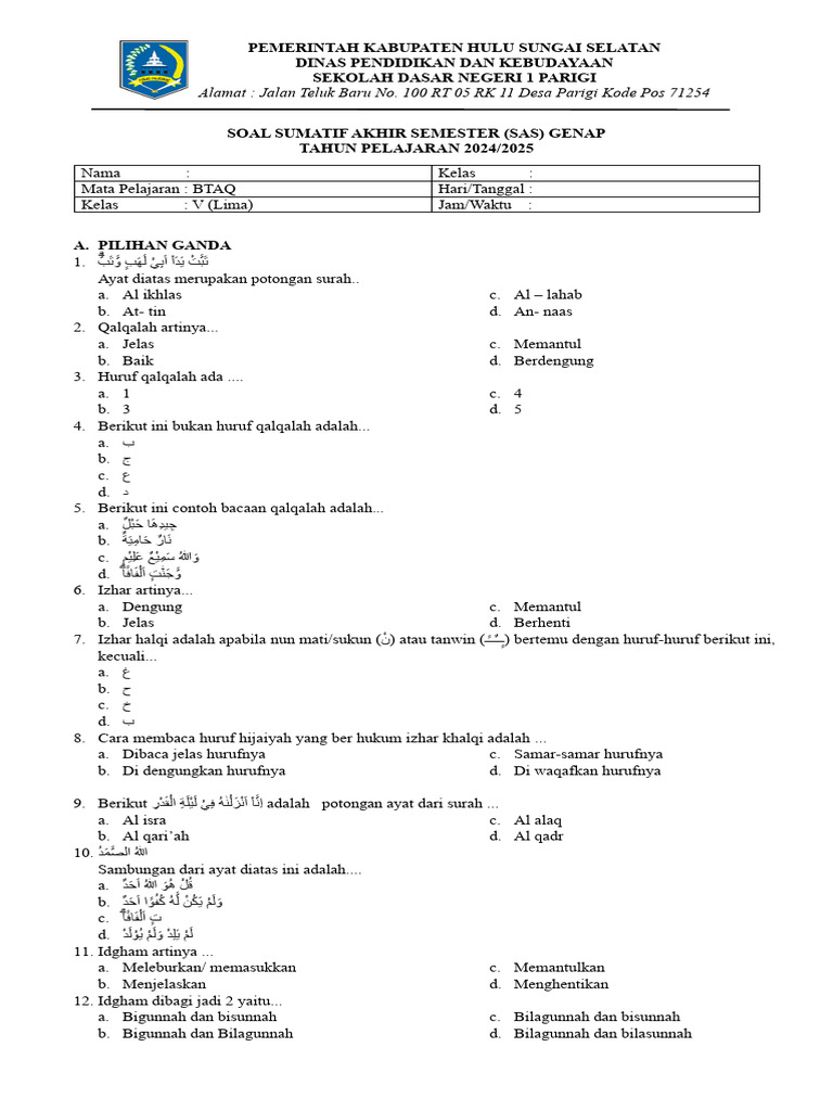 Soal Sas Btaq Sem 2 Dan JWB | PDF