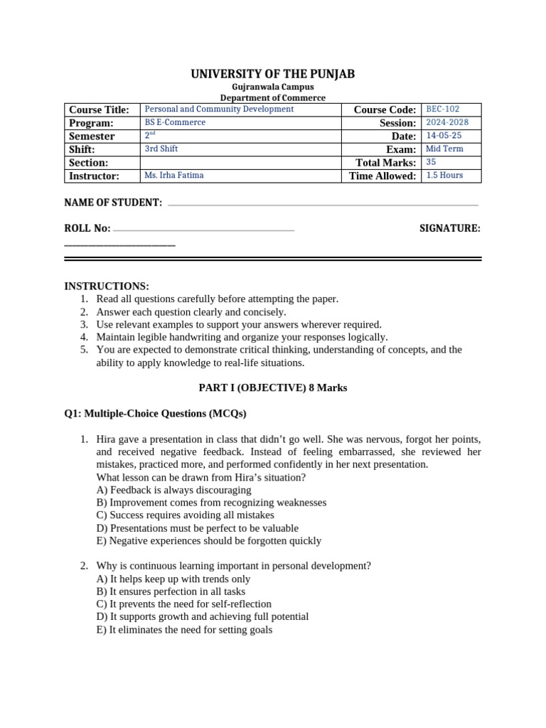 BEC-102 Personal and Community Development Mid Term | PDF | Self ...