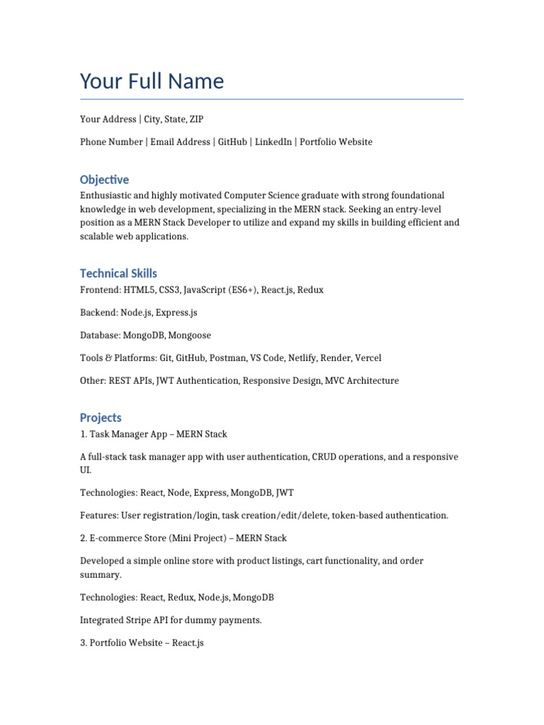Fresher MERN Developer Resume | PDF