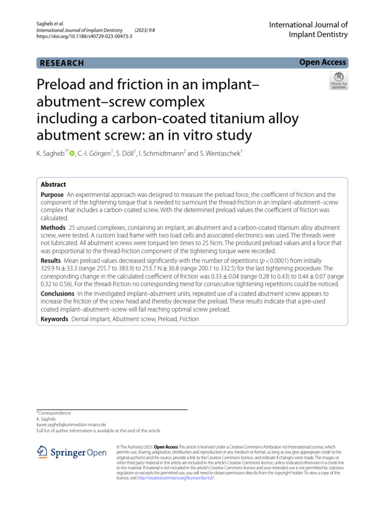 Implant Screw Preload and Friction Study | PDF | Dental Implant ...