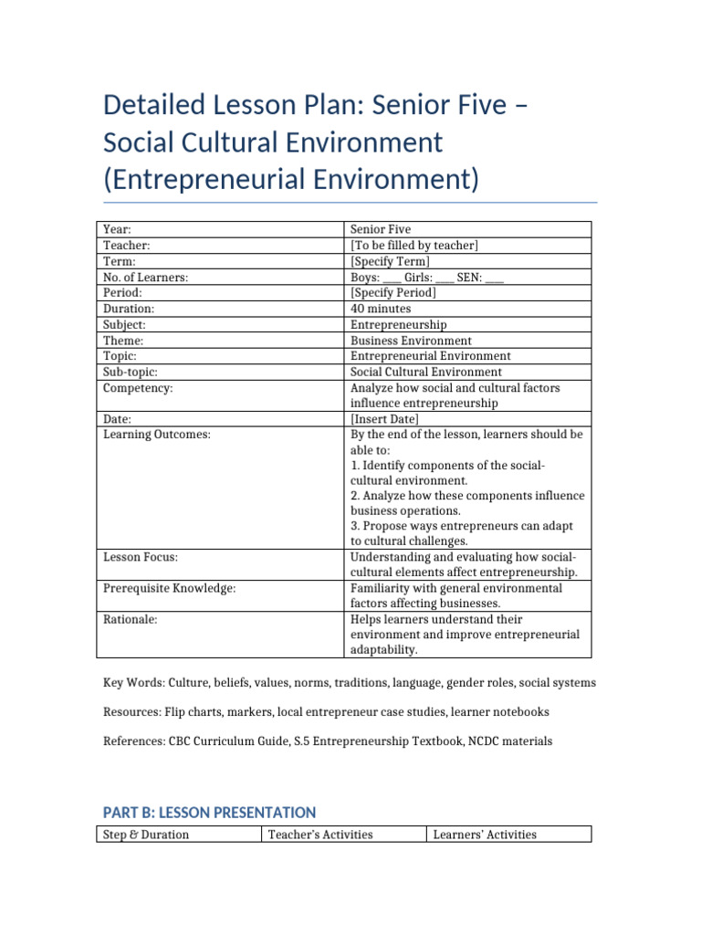 Detailed Senior Five CBC Lesson Plan Social Cultural Environment | PDF ...