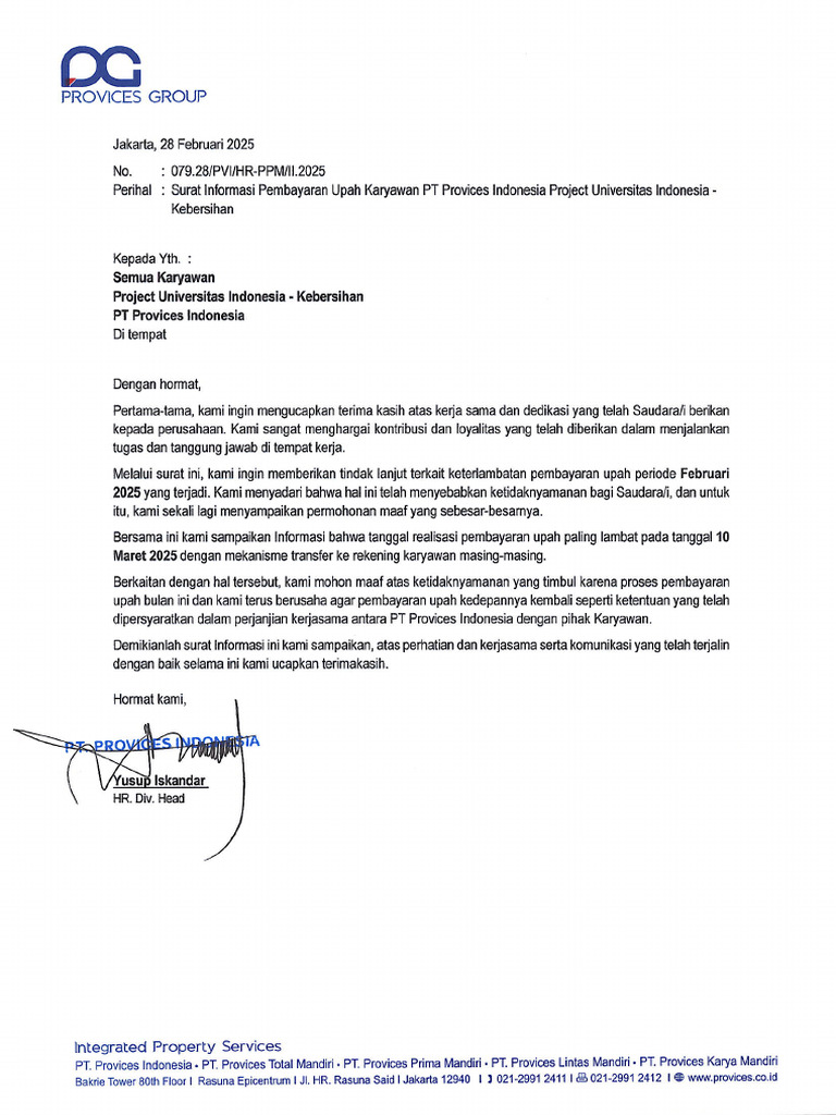 079 - Feb - Informasi Pembayaran Keterlambatan Upah UI (Kebersihan) | PDF