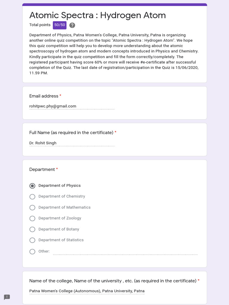 Score - Atomic Spectra - Hydrogen Atom | PDF | Atoms | Proton
