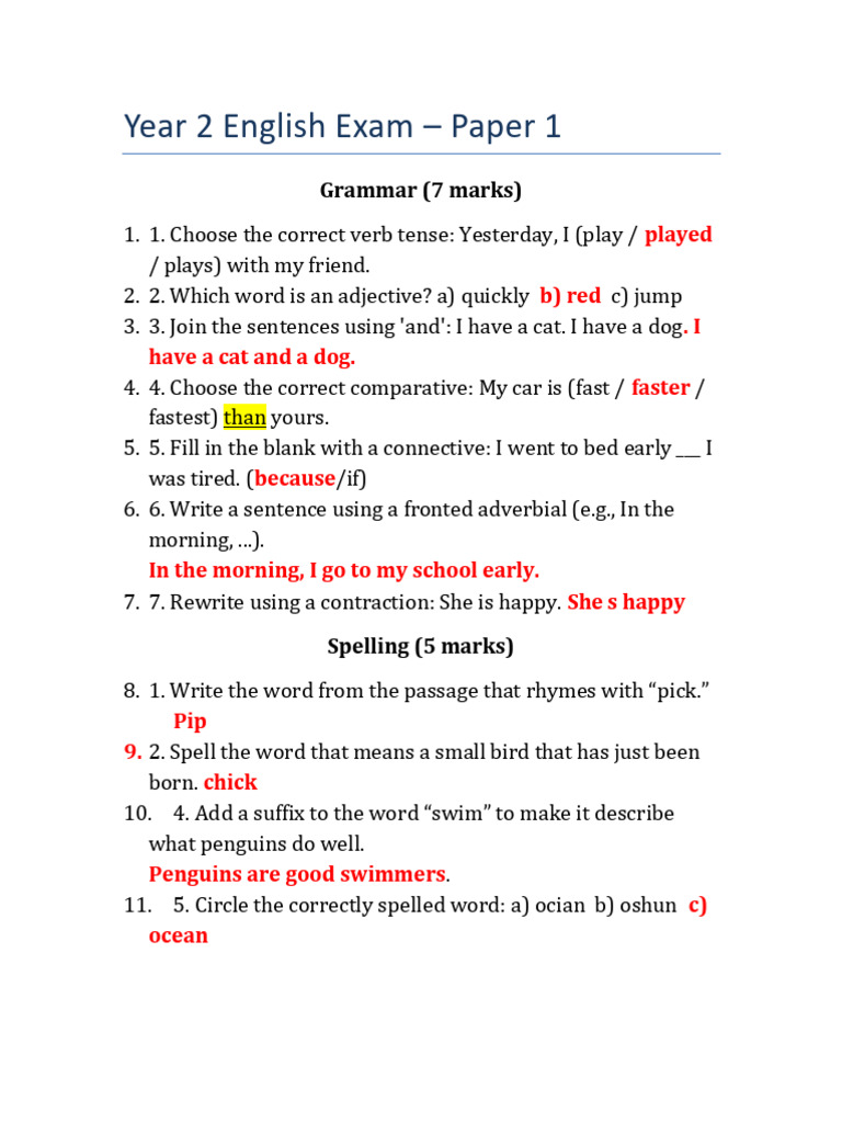 Year 2 English Exam: Grammar & Writing | PDF | Penguin | Verb