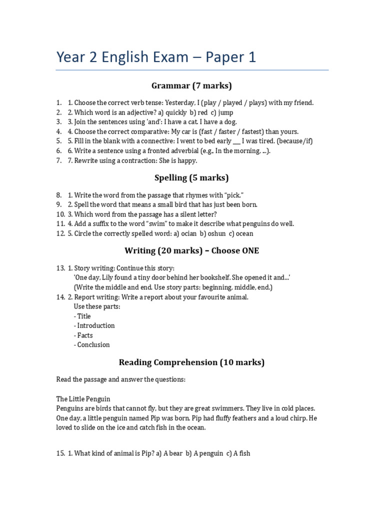 Year 2 English Exam Paper 1 Guide | PDF | English Language | Penguin