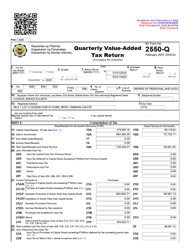 2025 Q1 - BIR Form 2550Q - Filed Return | PDF | Value Added Tax | Business